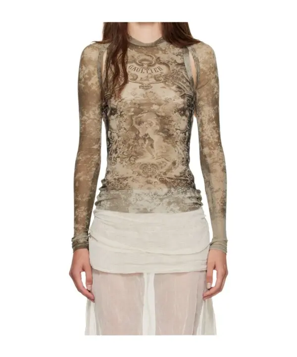 JEAN PAUL GAULTIER Sheer Tulle Graphic Print Top - Nude