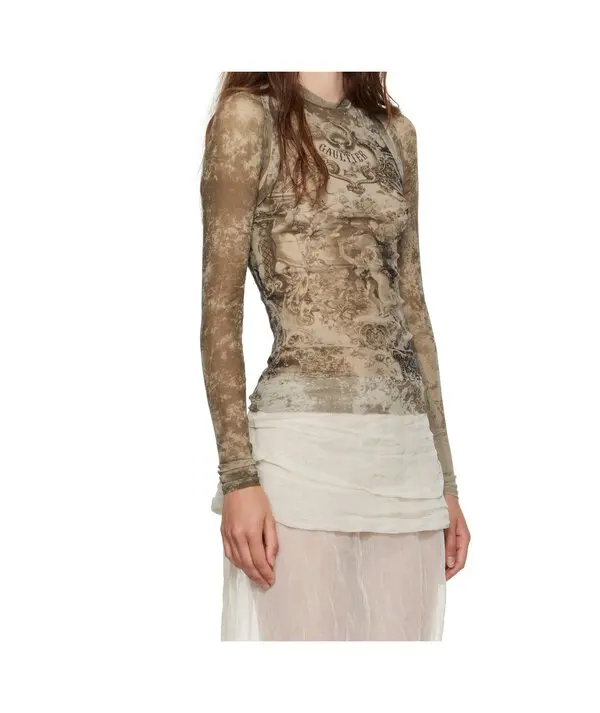 JEAN PAUL GAULTIER Sheer Tulle Graphic Print Top - Nude