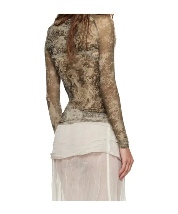 JEAN PAUL GAULTIER Sheer Tulle Graphic Print Top - Nude