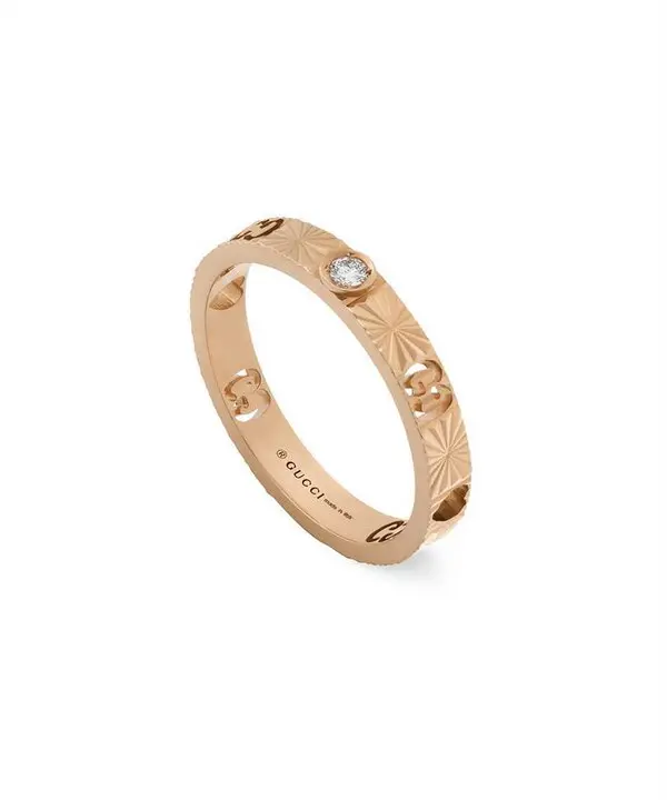 Gucci Logo Patterned Ring With Diamond Accent - Yellow
