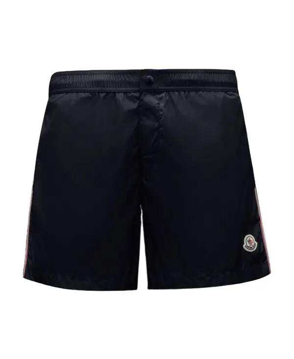 Moncler Logo Patch Stripe Detailed Swim Shorts - Navy Blue