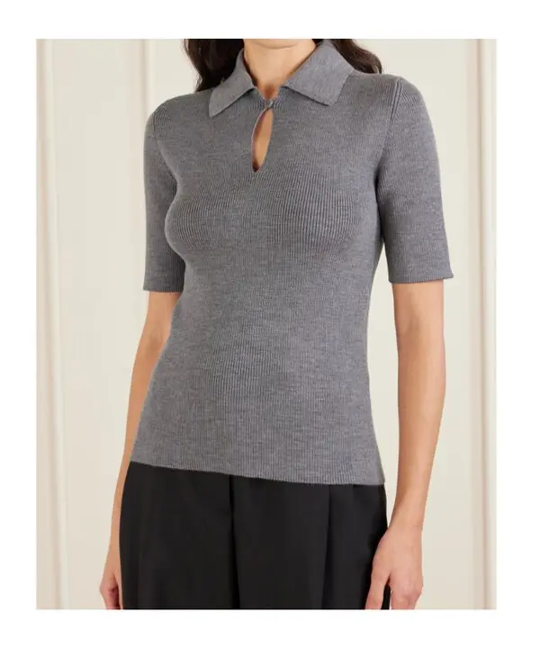 JIL SANDER Ribbed Knit Polo Shirt With Keyhole Neck - Gray