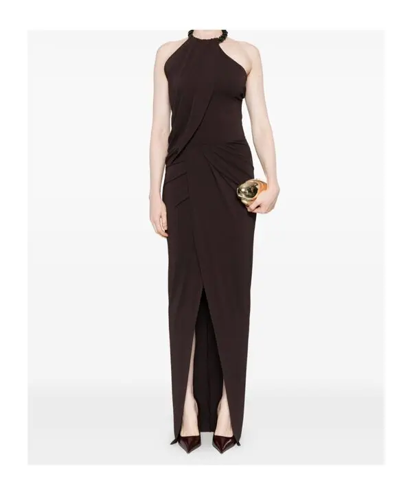Amen Embellished Halterneck Maxi Dress - Brown