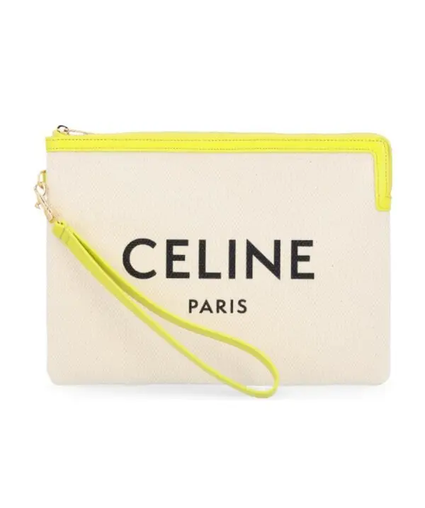 Celine Small Pouch With Strap In Textile With Print And Calfskin - White