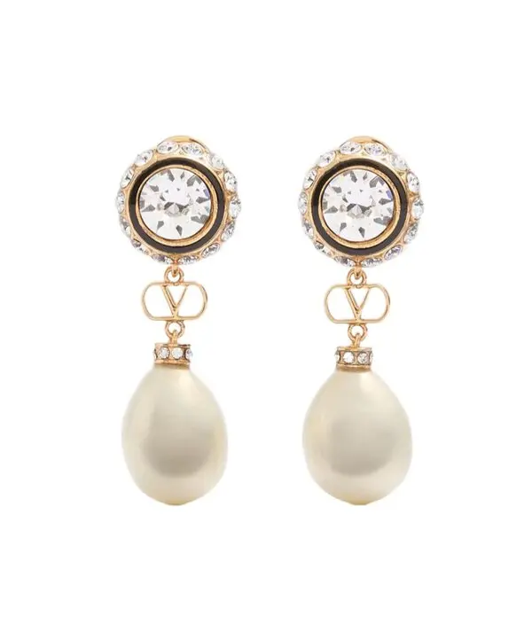 Valentino Garavani Vlogo Signature Earrings In Metal, Enamel, Pearls And Crystals - Gold/black/crystal/cream