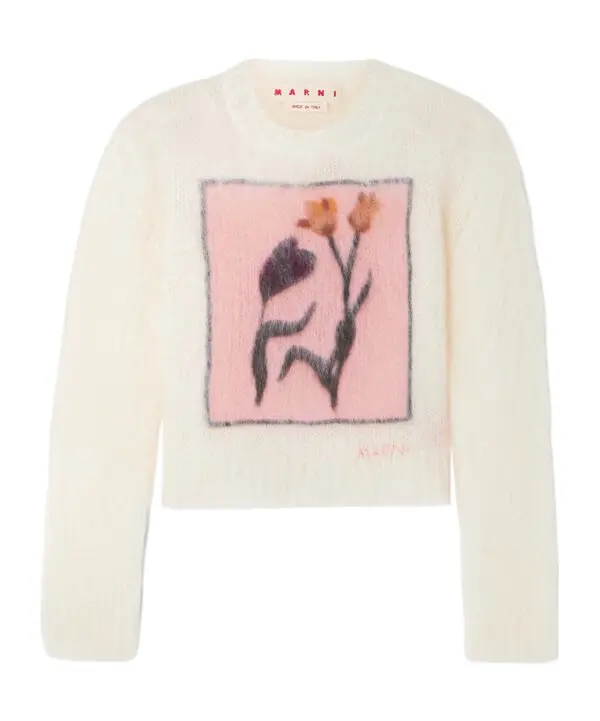 Marni Floral Intarsia Knit Round Neck Sweater - White
