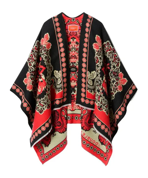 La DoubleJ Soul Floral-print Wool-silk Blend Poncho - Cornucopia Placée Black In Wool Silk Blend