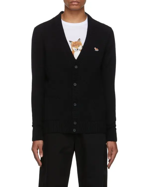 Maison Kitsuné V-neck Cardigan With Fox Decal - Black