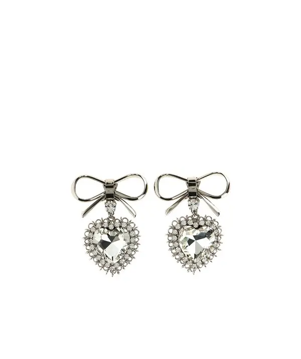 Alessandra Rich Heart Bow Crystal Pendant Earrings - White