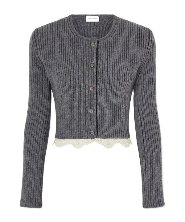 Magda Butrym Cropped Lace-trimmed Ribbed Wool Cardigan - Grey