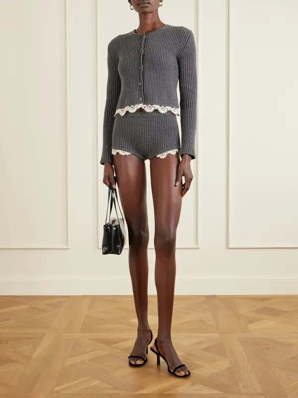 Magda Butrym Cropped Lace-trimmed Ribbed Wool Cardigan - Grey