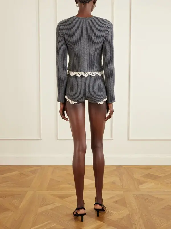 Magda Butrym Cropped Lace-trimmed Ribbed Wool Cardigan - Grey
