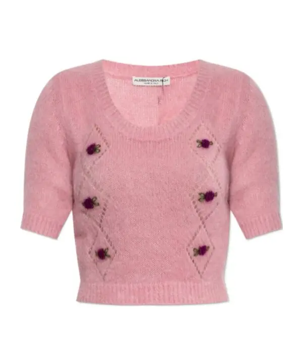 Alessandra Rich Embroidered Rose Knit Jumper - No