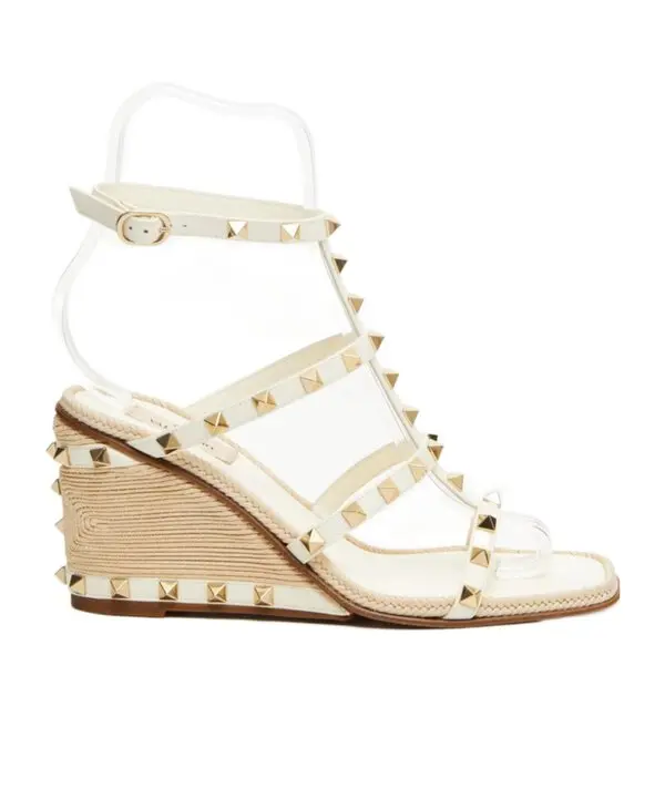 Valentino Garavani Rockstud Calfskin Wedge Sandal With Cornely Embroidery 80mm - Ivory