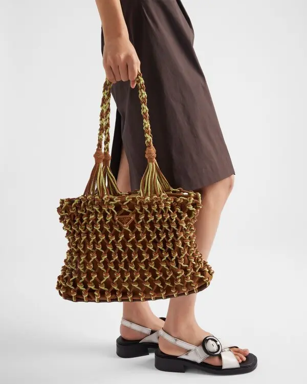 Prada Macramé Logo Plaque Tote Bag