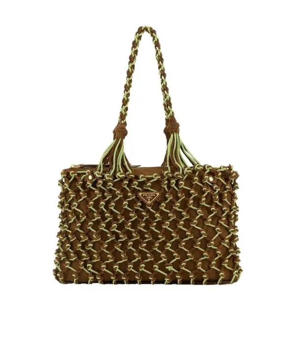 Prada Macramé Logo Plaque Tote Bag