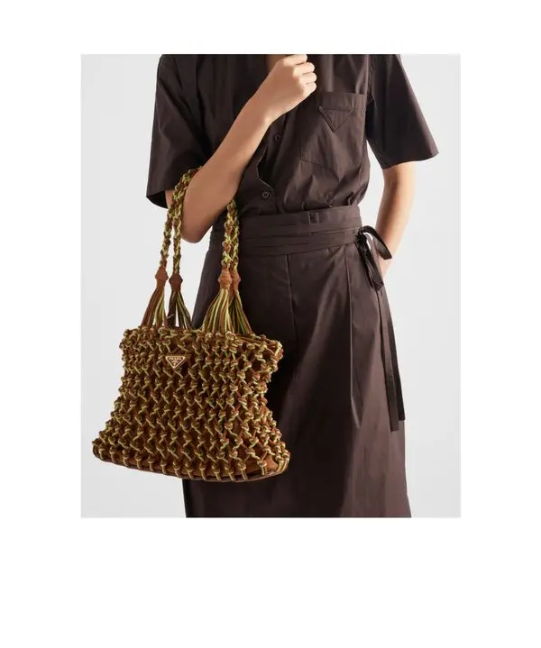 Prada Macramé Logo Plaque Tote Bag