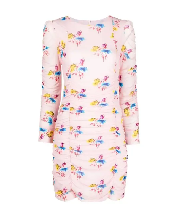 GANNI Ruched Mesh Floral-print Mini Dress - Pink