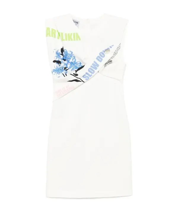 Moschino Sleeveless Crew Neck Graphic Detail Dress - White