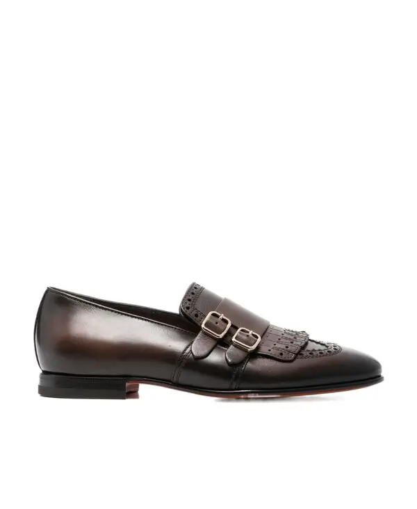 Santoni Double-buckle Almond Toe Loafers With Fringe Detailing
