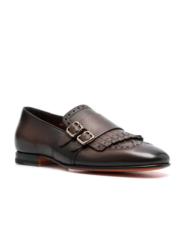 Santoni Double-buckle Almond Toe Loafers With Fringe Detailing