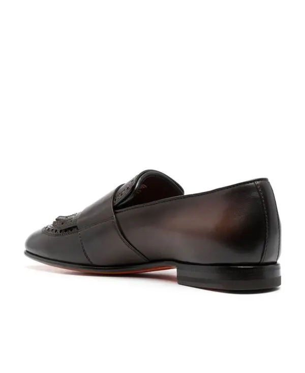 Santoni Double-buckle Almond Toe Loafers With Fringe Detailing