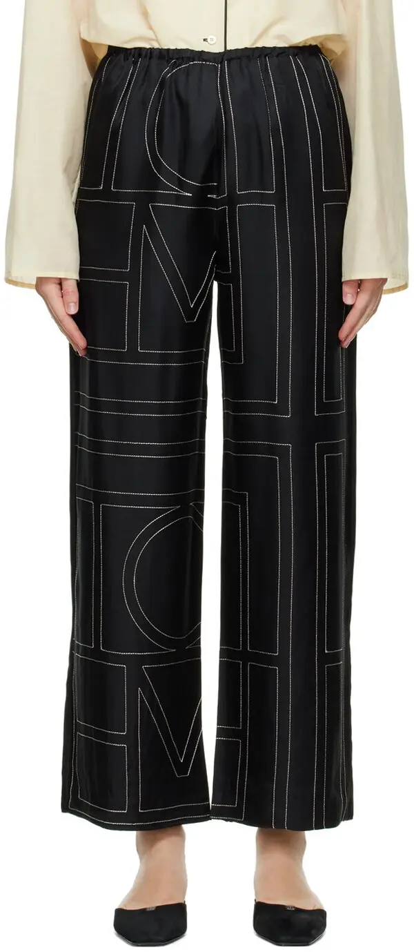 TOTEME Monogram Patterned Wide-leg Silk Pajama Pants - Black