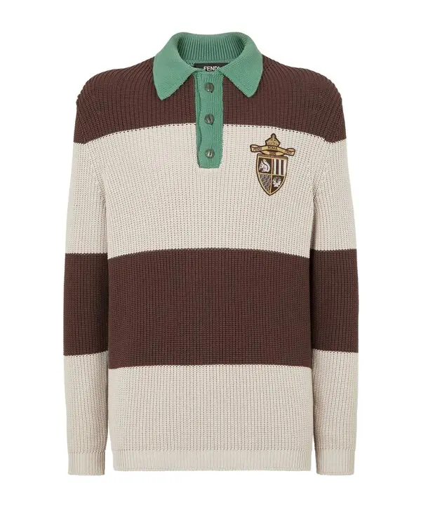 Fendi Crest Embroidered Striped Knitted Polo Shirt - Brown