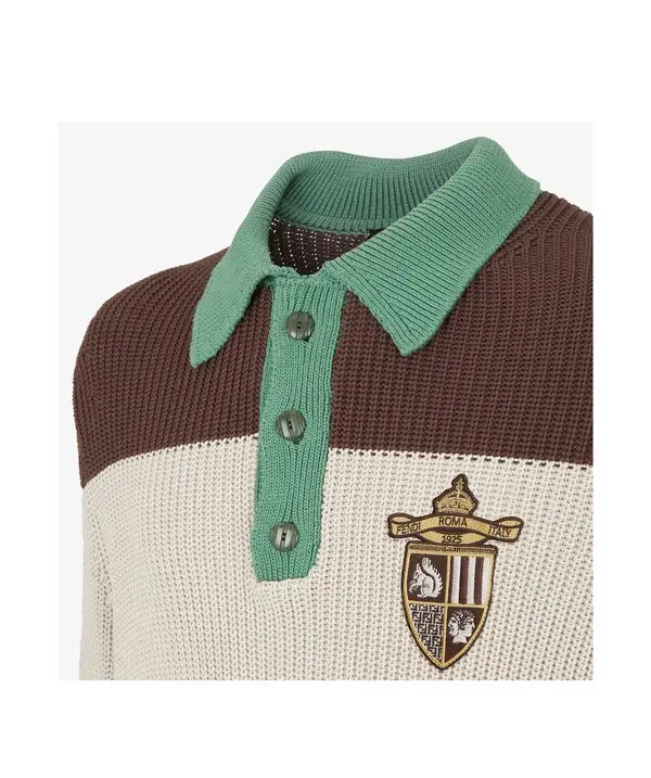 Fendi Crest Embroidered Striped Knitted Polo Shirt - Brown