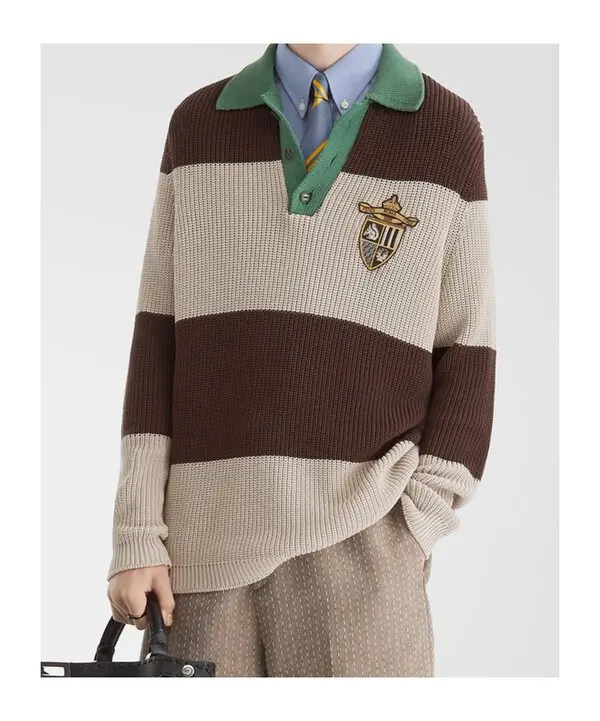 Fendi Crest Embroidered Striped Knitted Polo Shirt - Brown