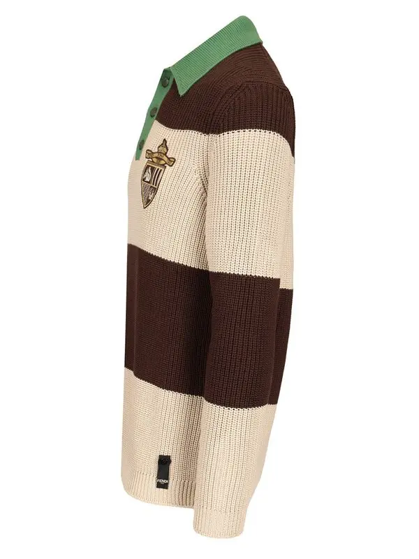 Fendi Crest Embroidered Striped Knitted Polo Shirt - Brown