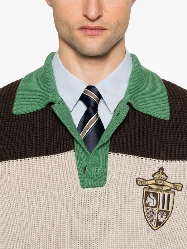 Fendi Crest Embroidered Striped Knitted Polo Shirt - Brown