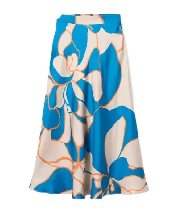 La DoubleJ X Mother Collection Silk Twill Midi Skirt - Blue