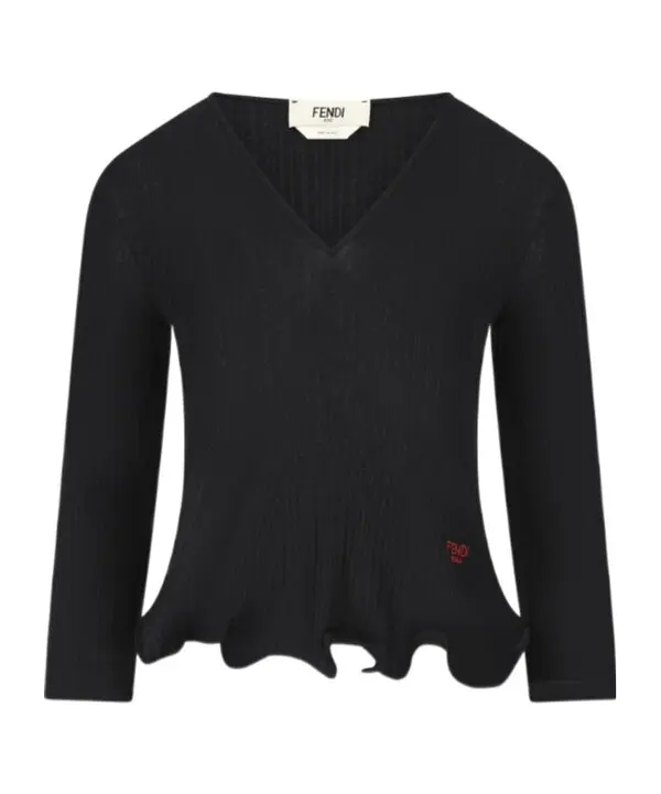 Fendi Ribbed V-neck Top With Ruffled Hem - Black