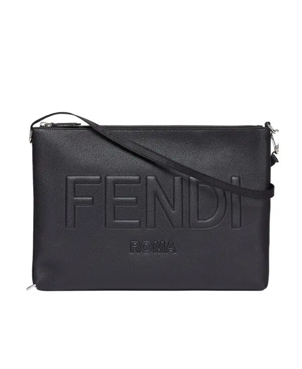 Fendi Roma Logo Embossed Zipped Pouch - Black