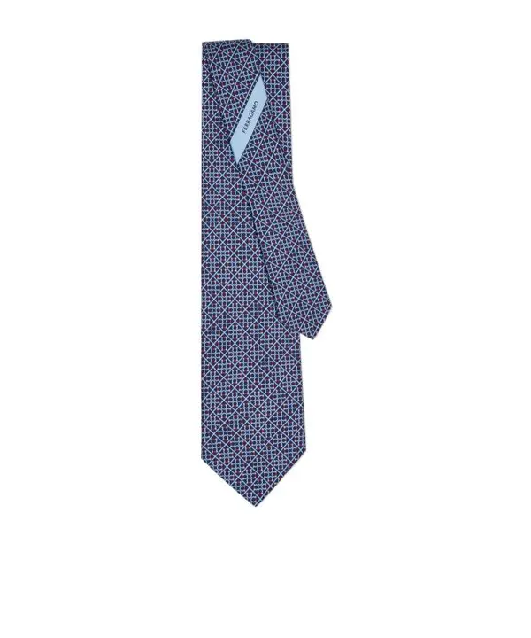 FERRAGAMO Square Gancini Print Silk Neck Tie - Blue