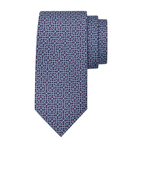 FERRAGAMO Square Gancini Print Silk Neck Tie - Blue