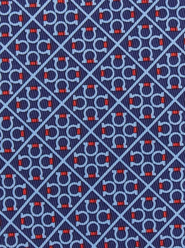 FERRAGAMO Square Gancini Print Silk Neck Tie - Blue