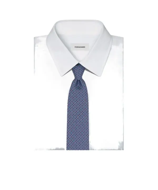 FERRAGAMO Square Gancini Print Silk Neck Tie - Blue