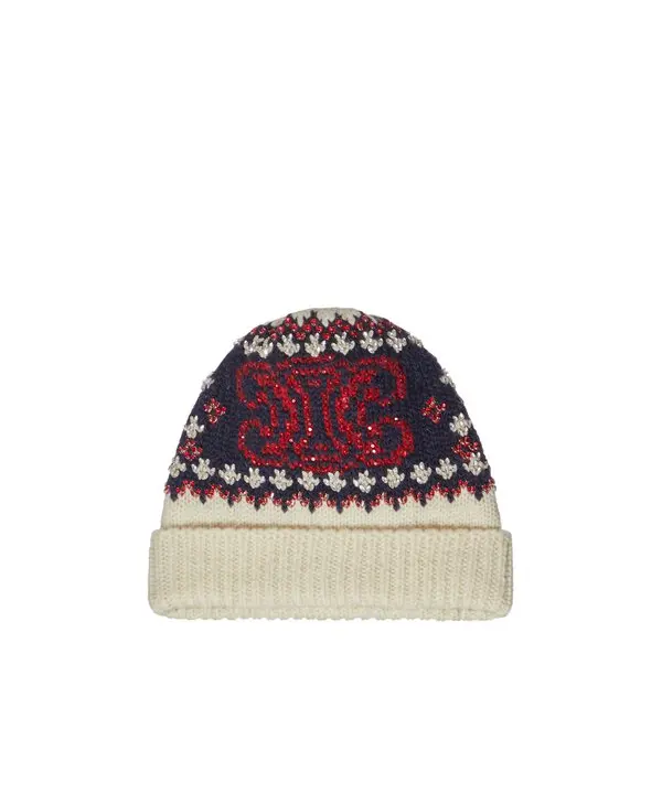 Celine Embroidered Beanie In Fair Isle Wool - Nude