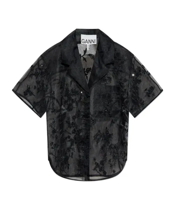 GANNI Embellished Organza Shirt - Black