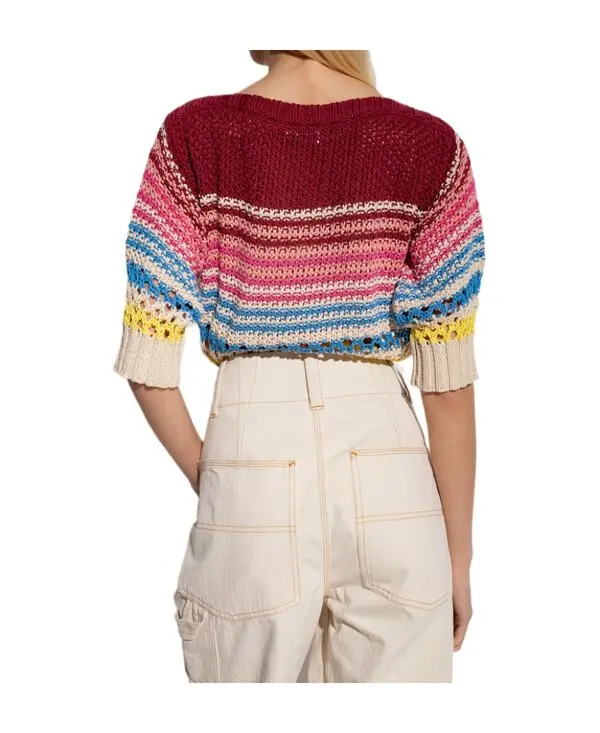 Red Valentino Striped Boat Neck Open-knit Top