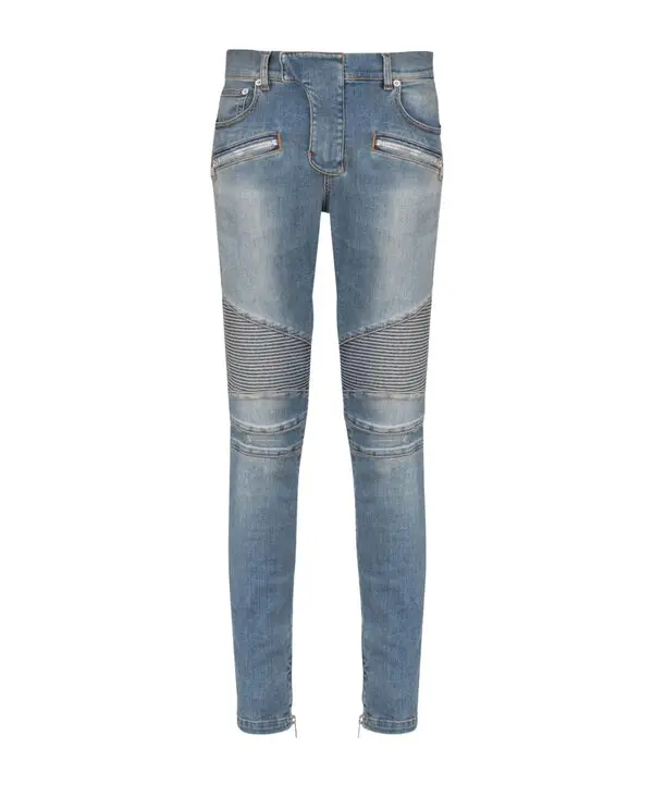 Balmain Slim-fit Biker Jeans With Ribbed Details - Blue