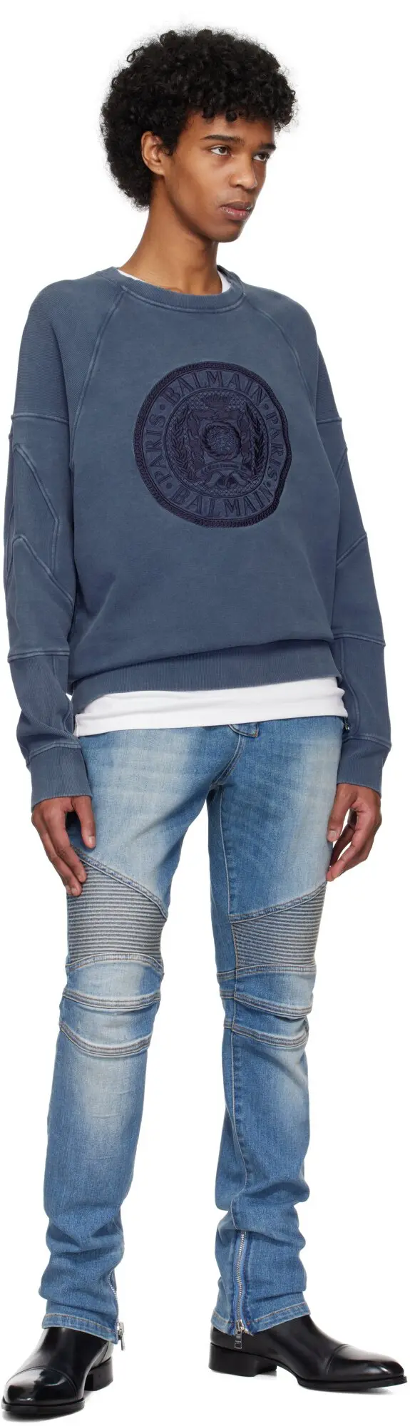 Balmain Slim-fit Biker Jeans With Ribbed Details - Blue
