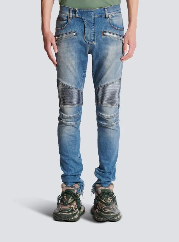 Balmain Slim-fit Biker Jeans With Ribbed Details - Blue