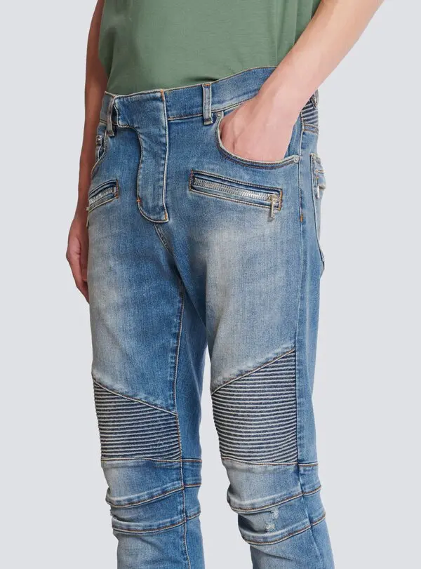 Balmain Slim-fit Biker Jeans With Ribbed Details - Blue