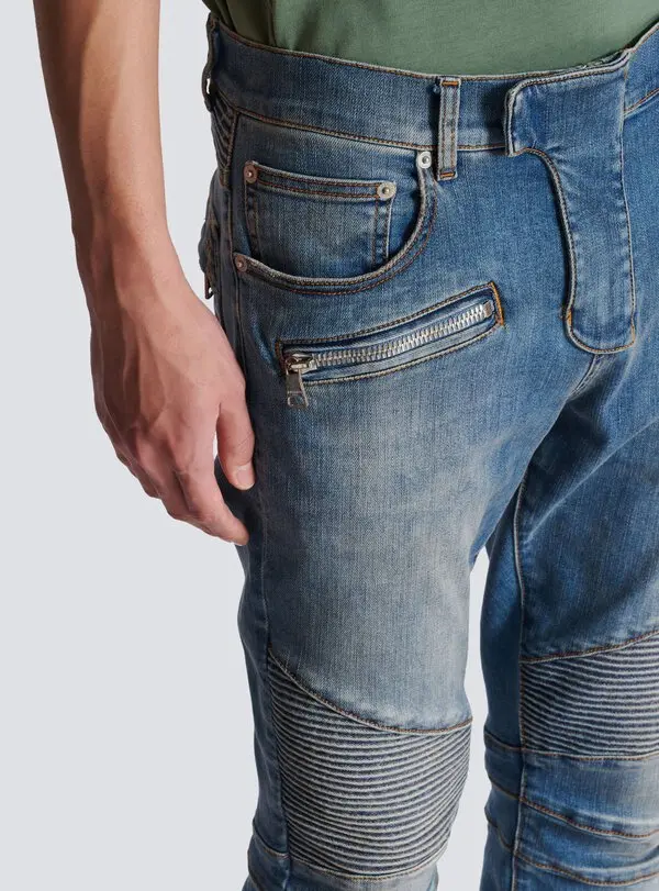 Balmain Slim-fit Biker Jeans With Ribbed Details - Blue