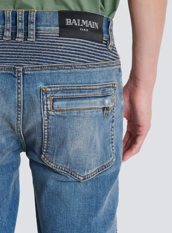 Balmain Slim-fit Biker Jeans With Ribbed Details - Blue