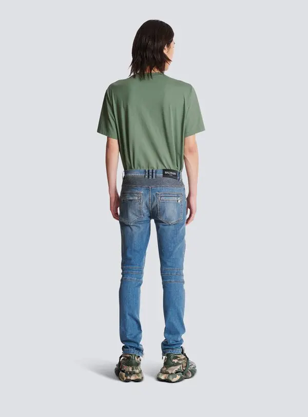 Balmain Slim-fit Biker Jeans With Ribbed Details - Blue