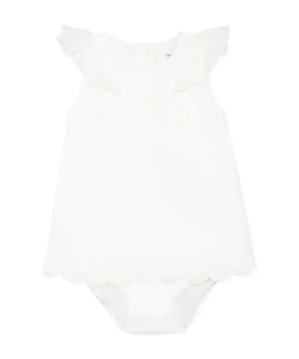 Chloé Round Neck Jumpsuit With Flounce Sleeves And Scalloped Hem - White